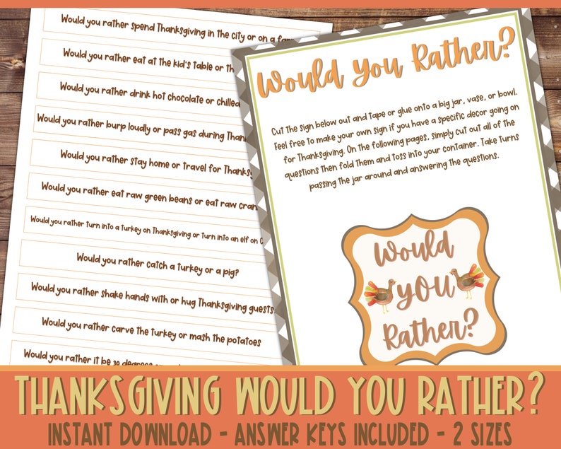 Thanksgiving Would You Rather Game Printable (Download Now) - Etsy