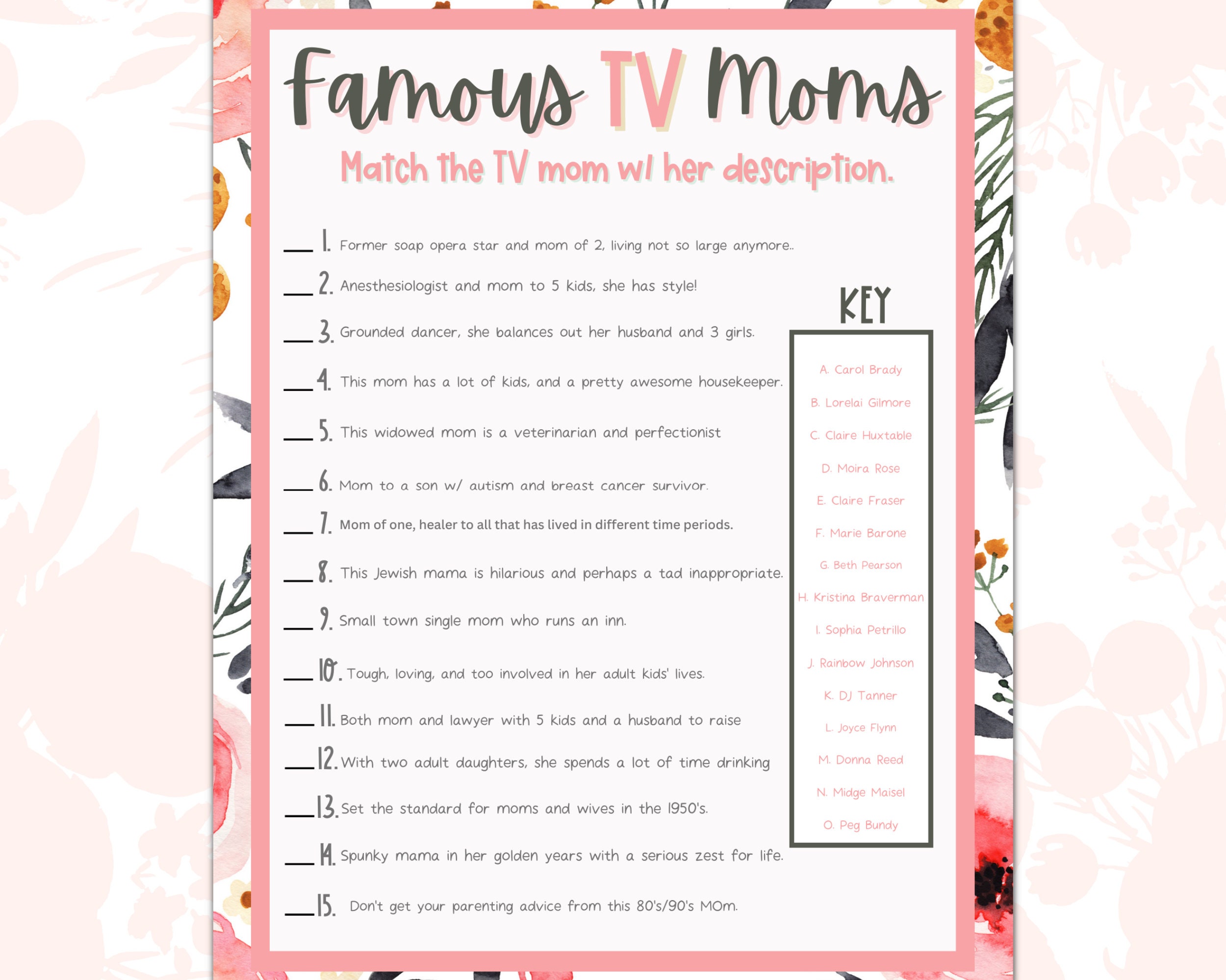 Mother's Day Famous TV Mom Game | Printable Mother's Day Game | Mother ...