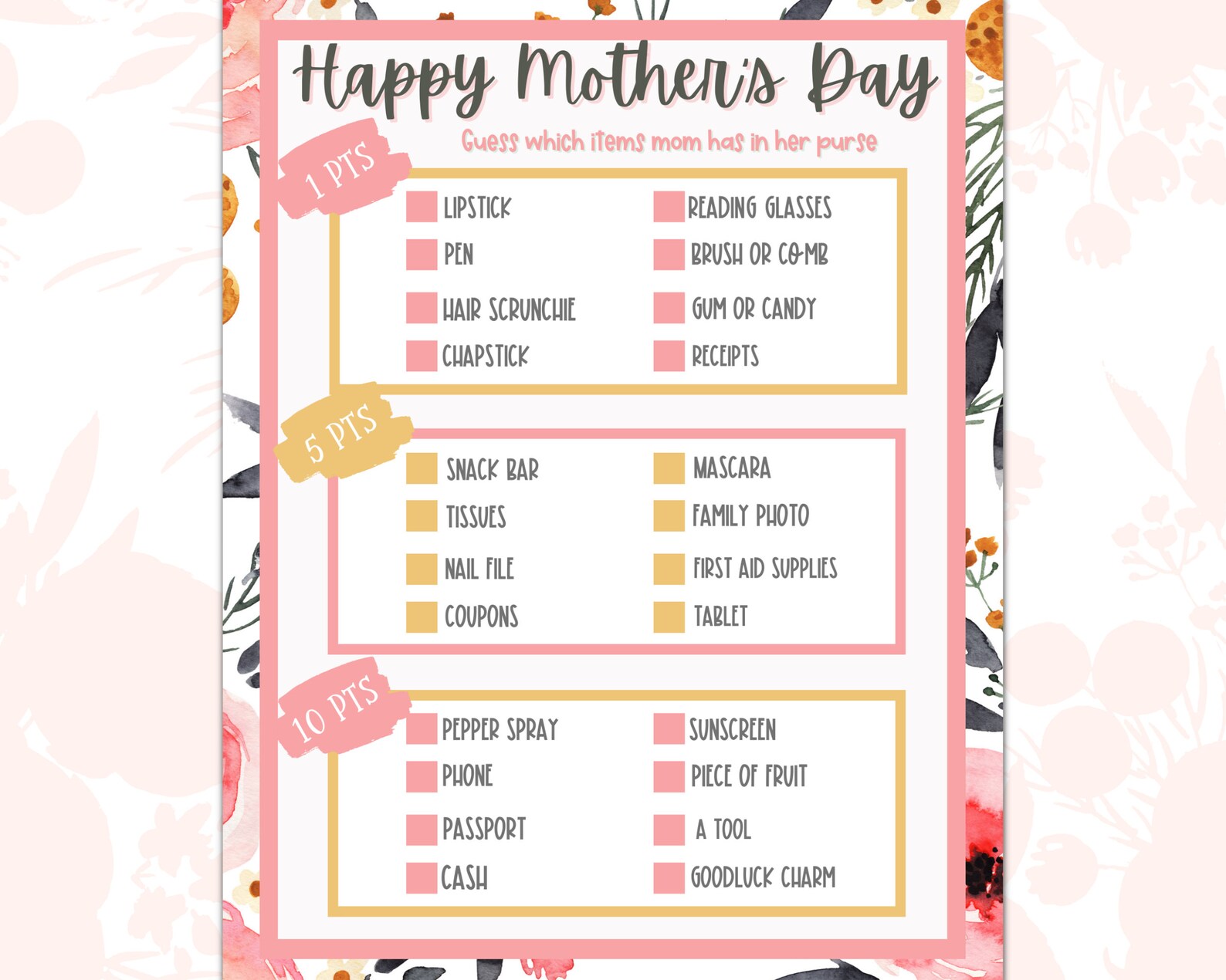 Mother's Day What's in Your Purse Game | Printable Mother's Day Game ...