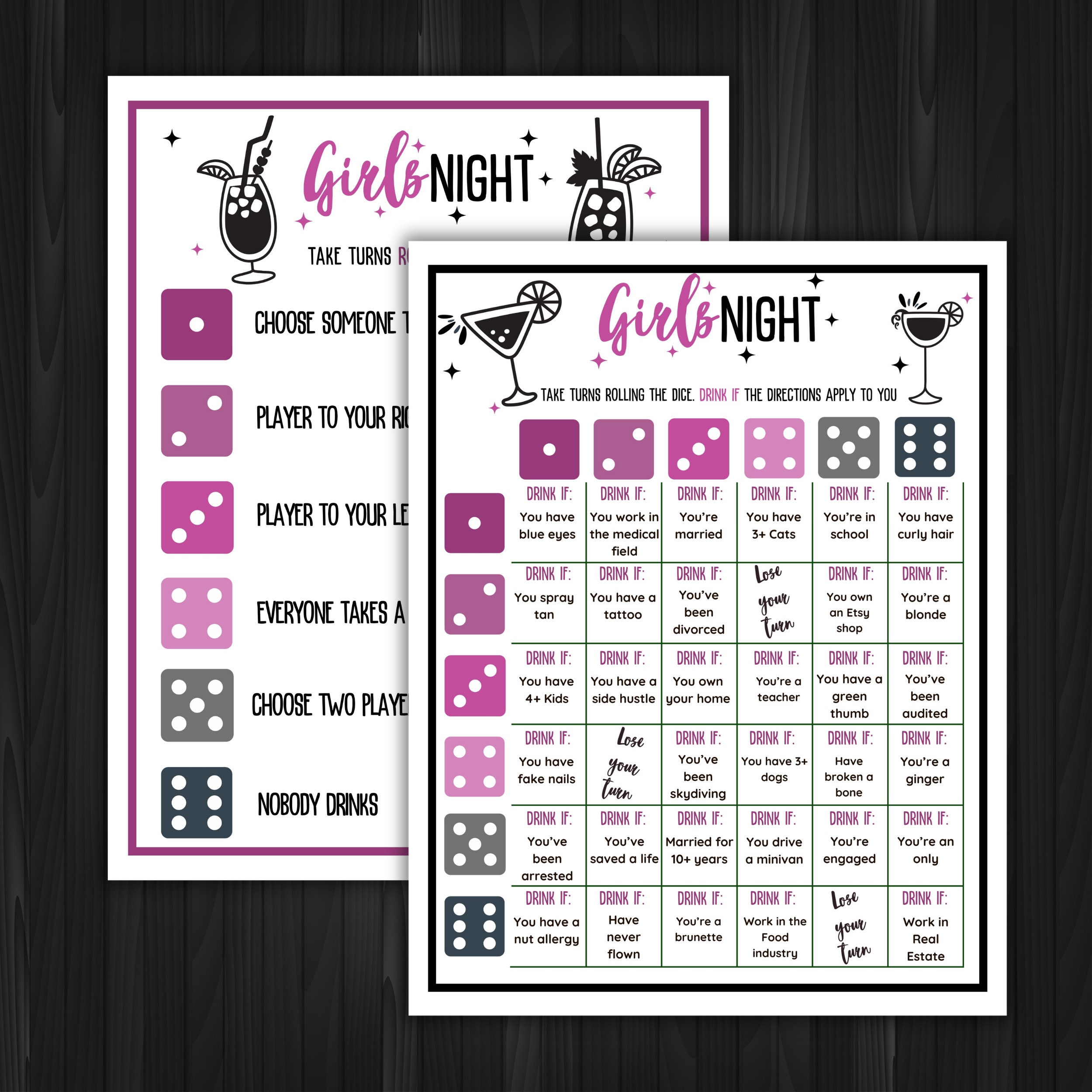 2 Girls Night Dice Games | Drinking Games | Girls Night Out | Girls ...