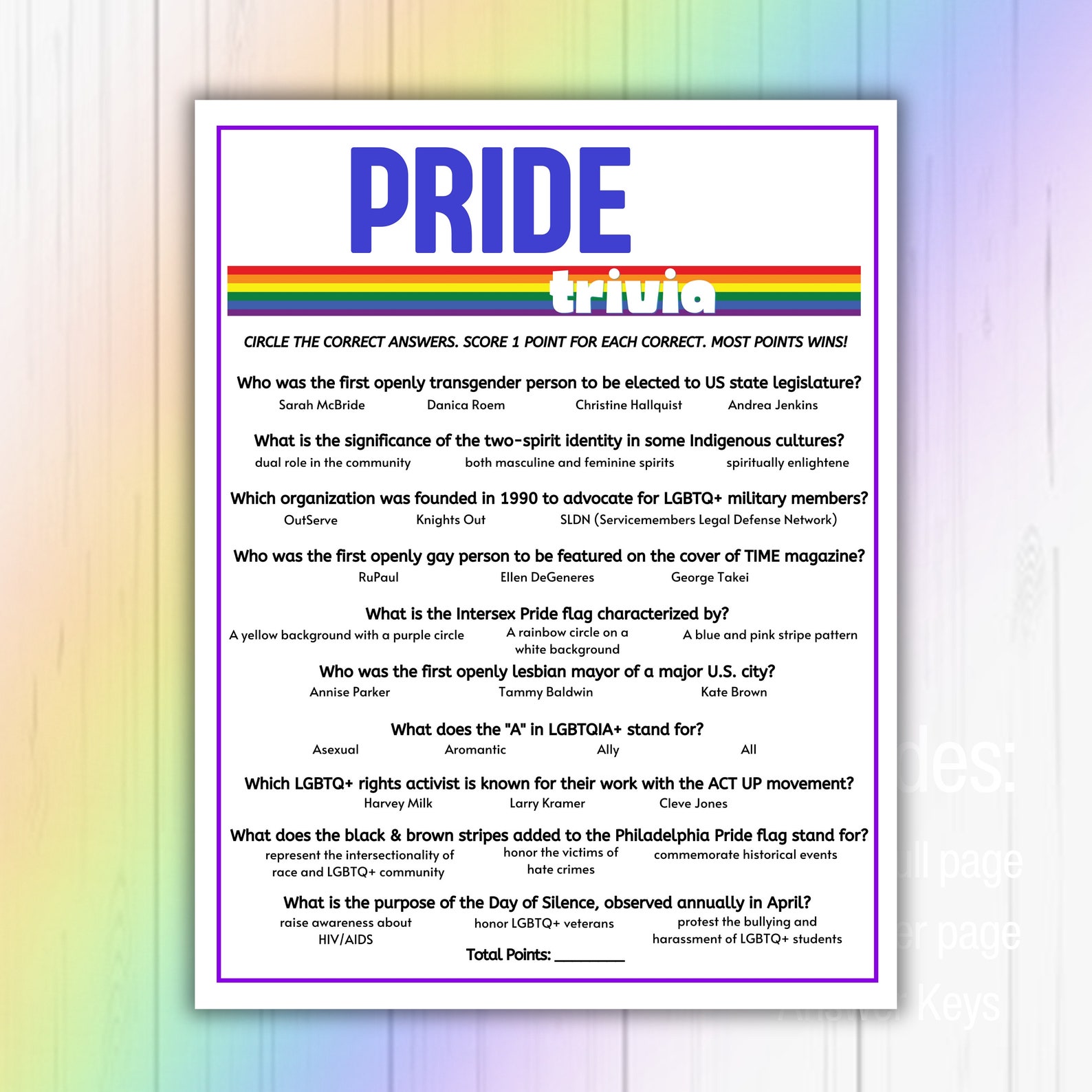 Pride Month Trivia LGBTQ Pride Games Pride Month Quiz Printable Rainbow ...