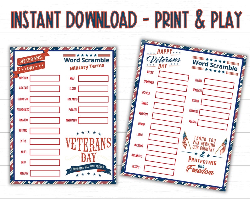 Veterans Day Word Games | Printable Veterans Day | Military | Instant ...