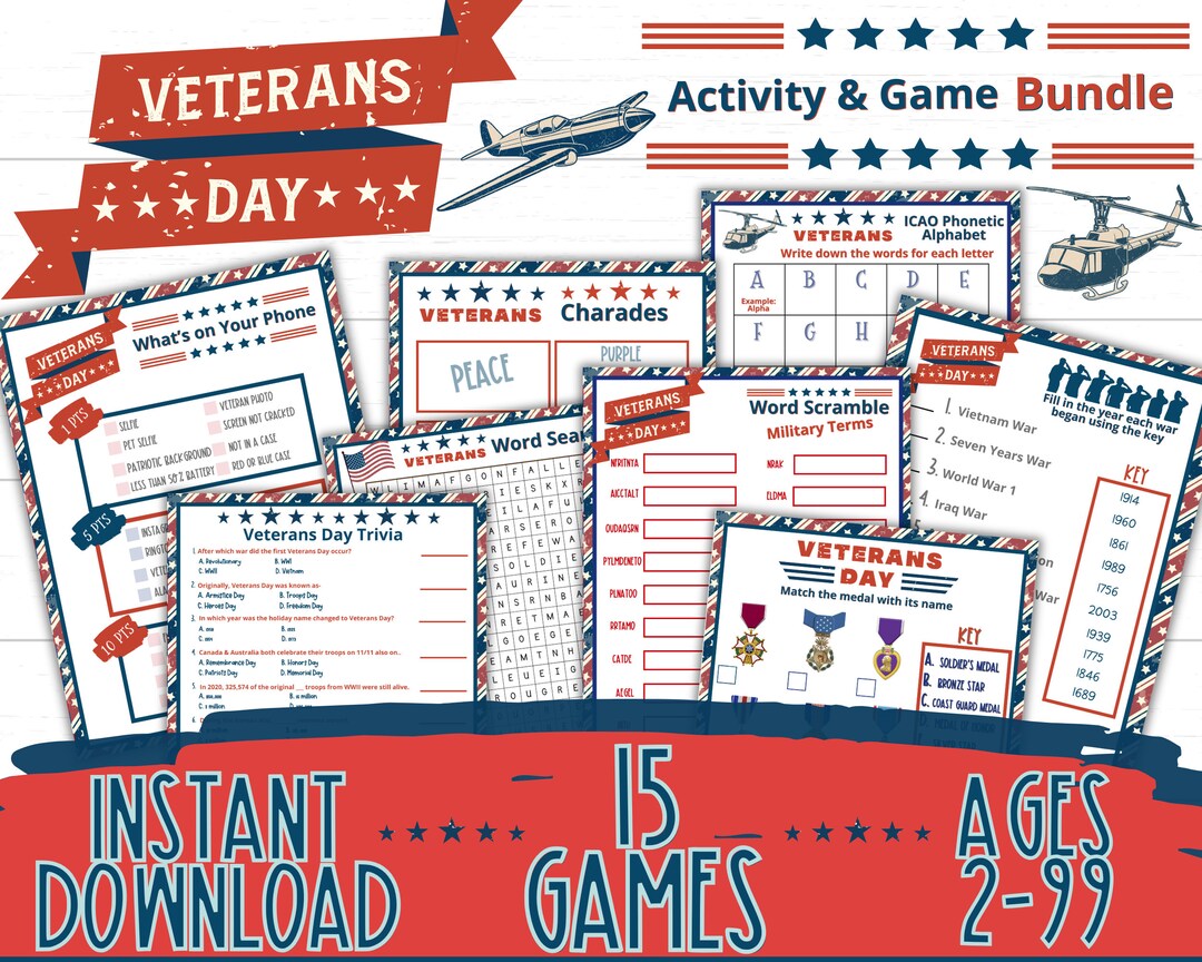 Veterans Day Games | Printable Veterans Day Activities| Party | Instant ...
