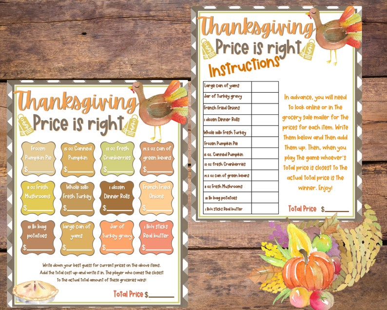 Thanksgiving Price is Right Game | Thanksgiving Printable Games ...