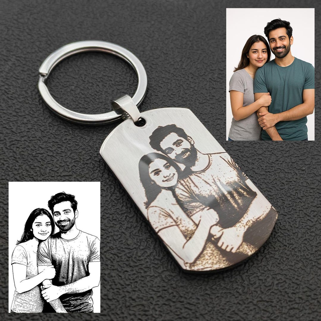 Photo to Line Art Keychain – Custom Engraved Metal Tag – Resin Coated ...