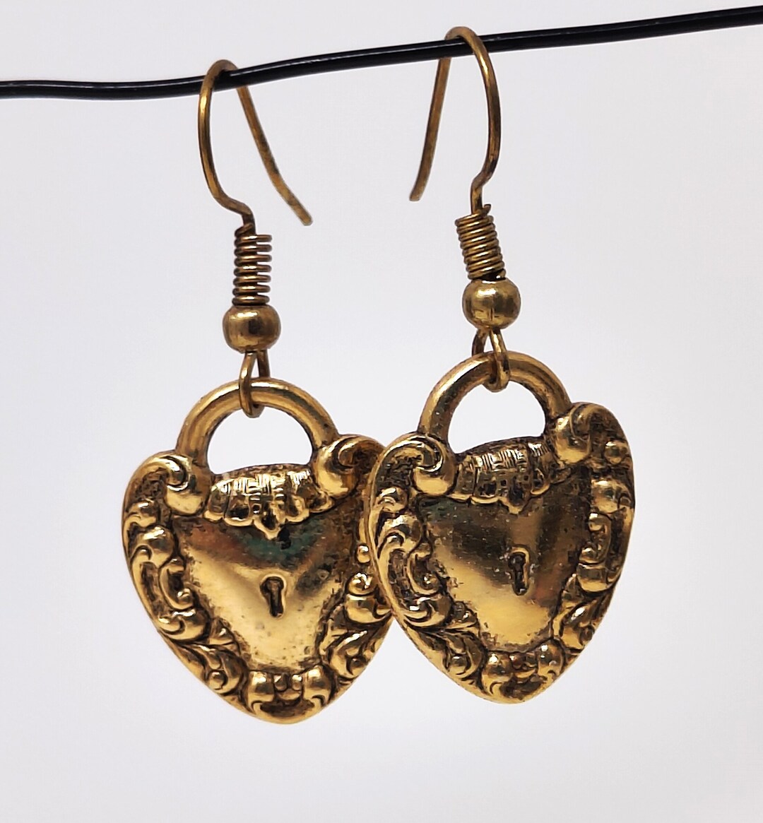 Cute, Gold Plated, Heart Locks, Earrings for Pierced Ears. Gold Plated ...