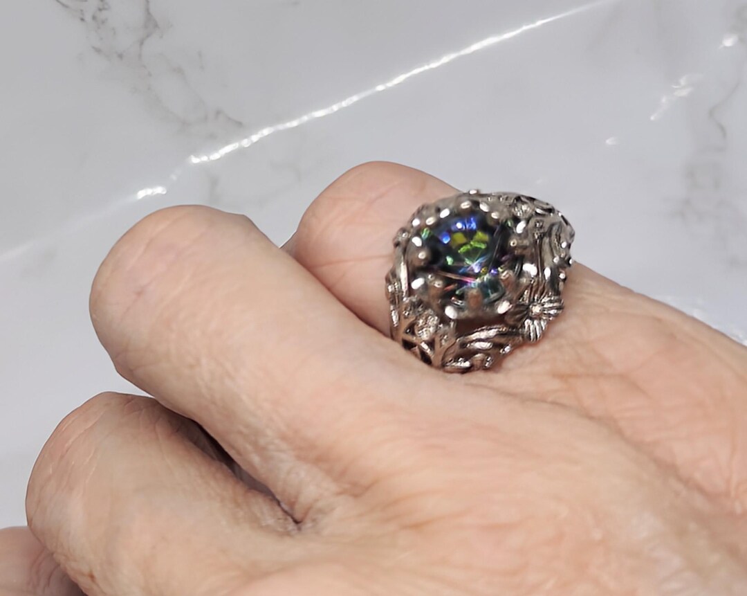 Vintage Iridescent Glass Stone Ring: Silver Plate Filigree, Size 7 - Etsy