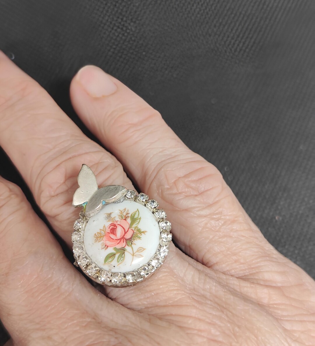 Vintage German Decal Cameo Ring: Rhinestone Butterfly, Silver Plated ...