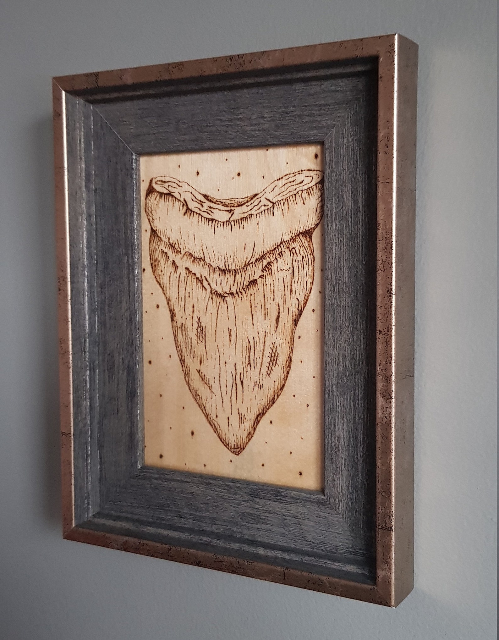 Framed Megalodon Shark Tooth Wood Burning. Pyrography, Fossil, Wall ...