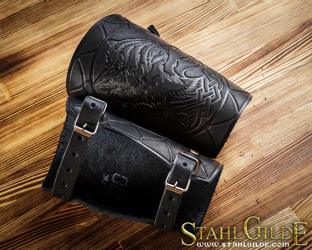 Wolf Engraved Leather Cuff LARP Bracers, Armor Wolves With Scale Design ...