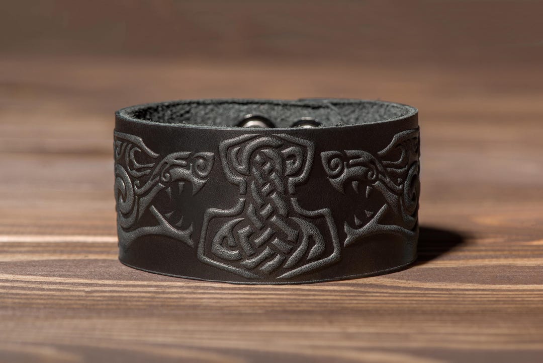 Viking Leather Bracelet – Fenrir & Mjolnir Arm Cuff, Norse Wolf Celtic ...
