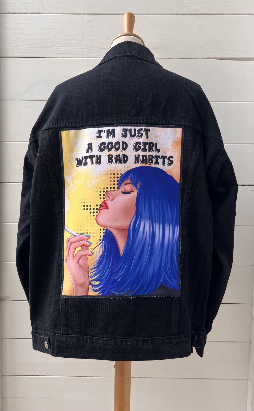 Custom Denim Jacket: Girl With Bad Habits Pop Art Patch - Etsy
