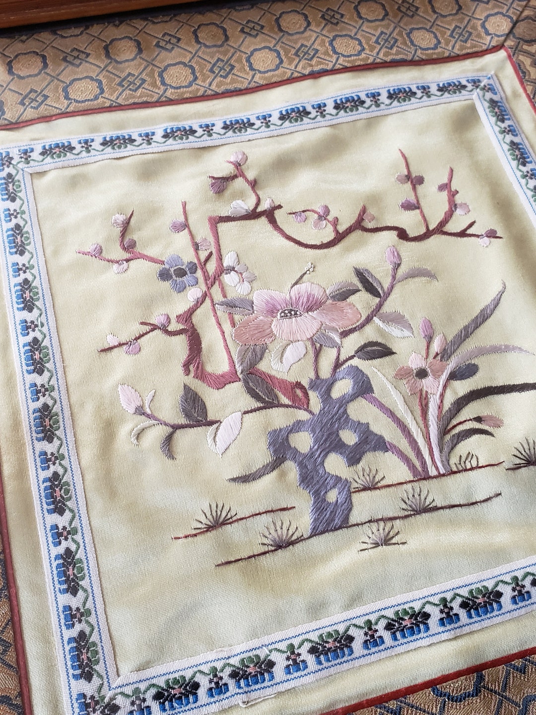 Vintage Chinese Silk Embroidery Art 1970s Framed Chartreuse Silk