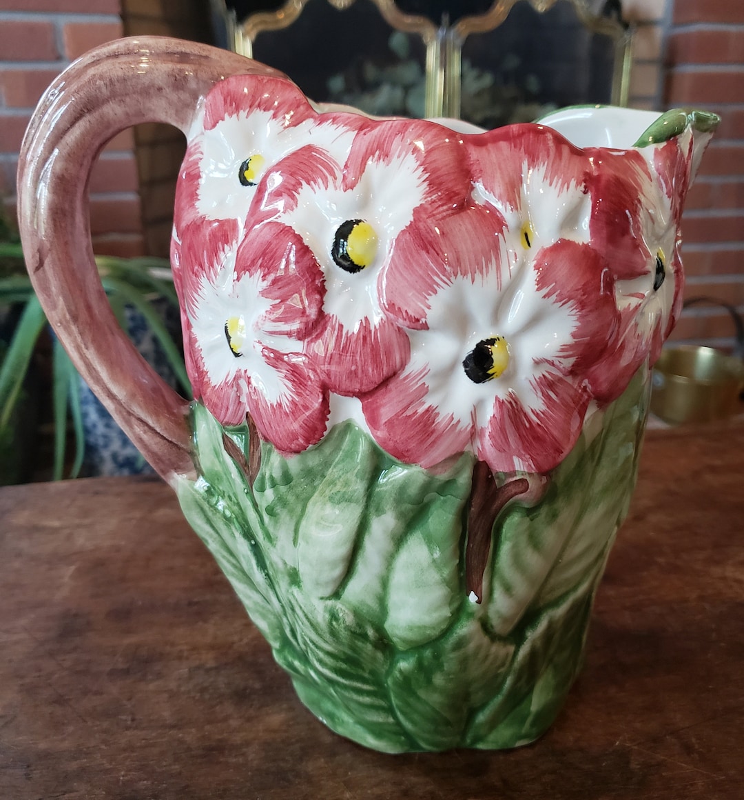 Vintage Majolica Pitcher Bassano Floral Pitcher - 1960s Ceramics of ...