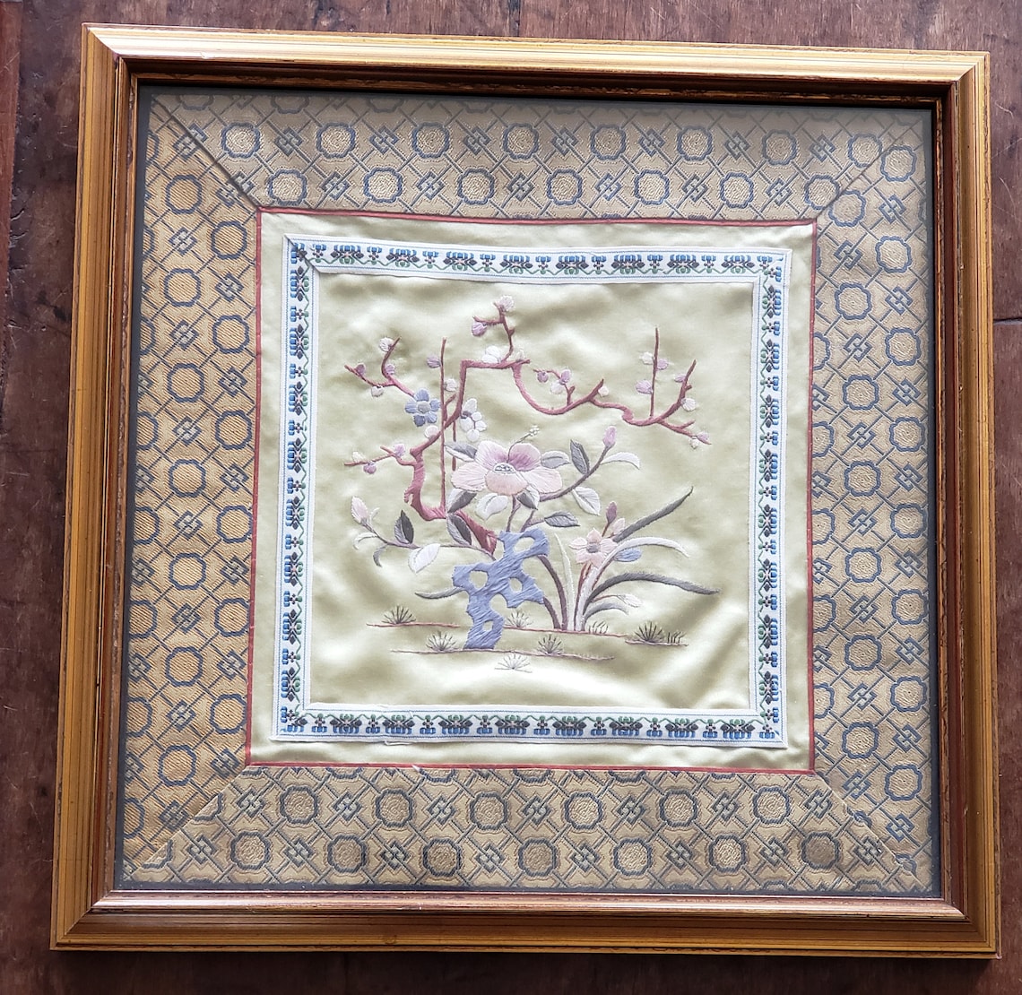 Vintage Chinese Silk Embroidery Art 1970s Framed Chartreuse Etsy
