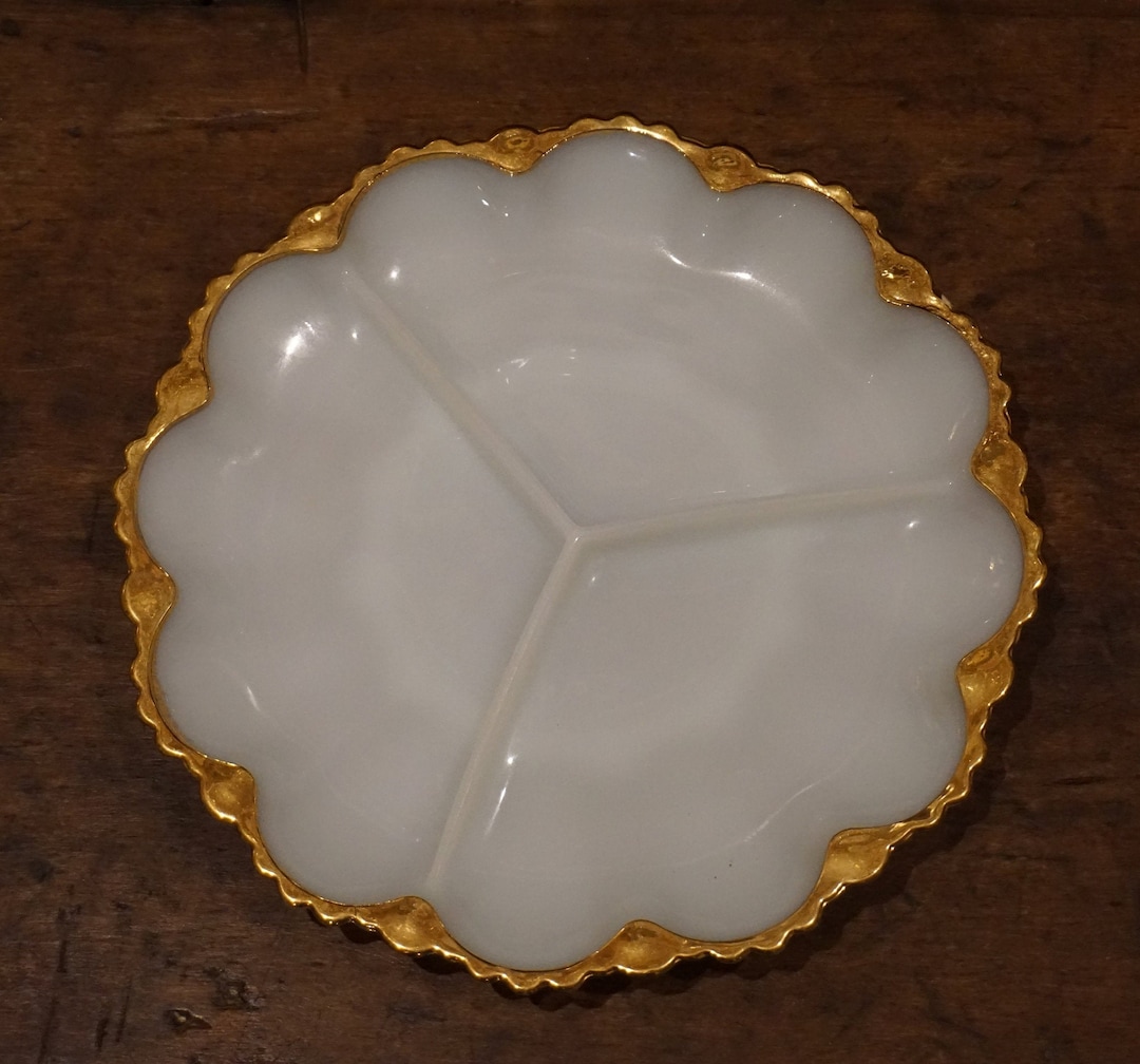 Vintage Fire King White Milk Glass Divided Dish With Gold Trim 1950s ...