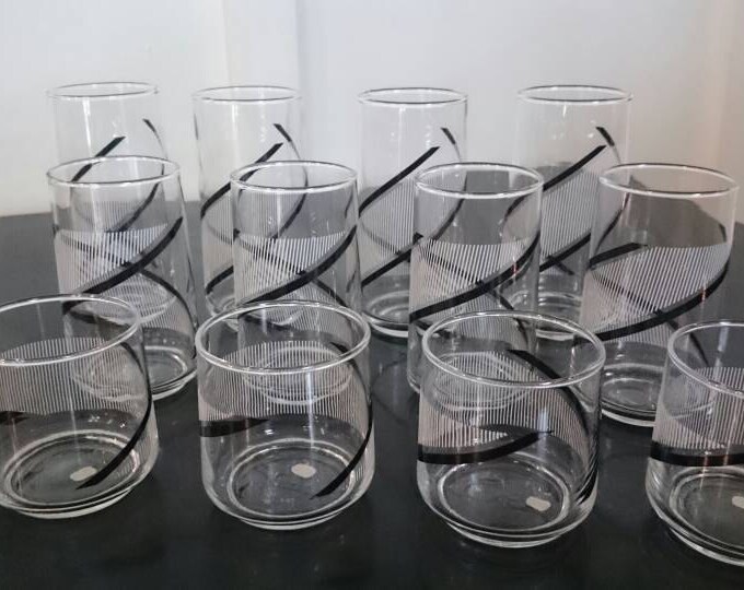1980's Black and White Drinking Glasses/ Barware/ 12 Glasses/ Made in ...