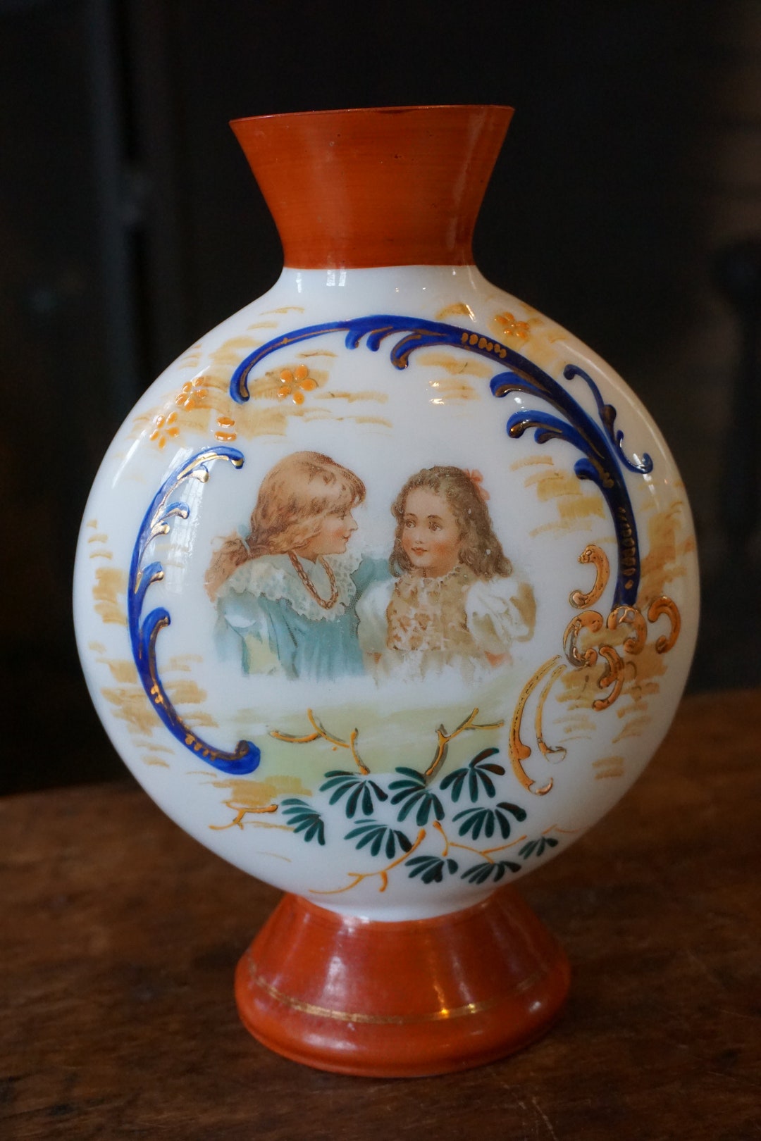 Antique Victorian Milk Glass Vase Victorian Milk Glass Vase Painted Milk Glass Vase Portrait ...