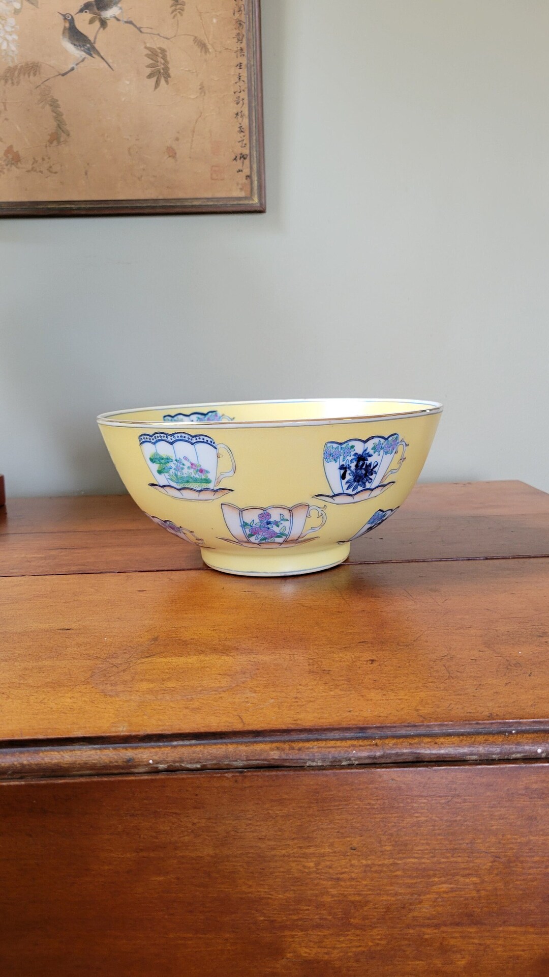 Vintage Yellow Chinoiserie Bowl Decorated With Teacups and Saucers ...