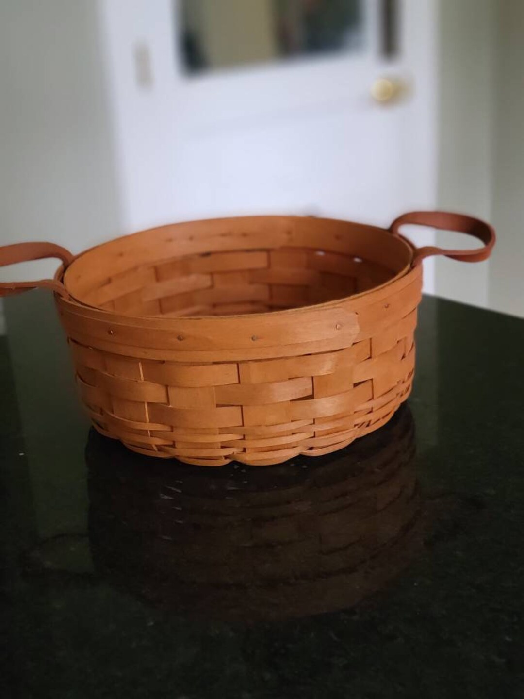1991 Darning Basket Longaberger 9 1/2 Inch Round Basket With Leather ...
