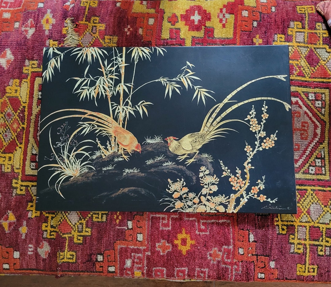 Vintage Black Lacquer Wall Art Panel Vietnamese Lacquer Art Mid Century ...