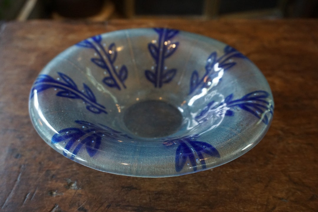 Vintage Glass Bowl Art Glass Bowl - 1980s Blue Leaf Design Glass Bowl ...