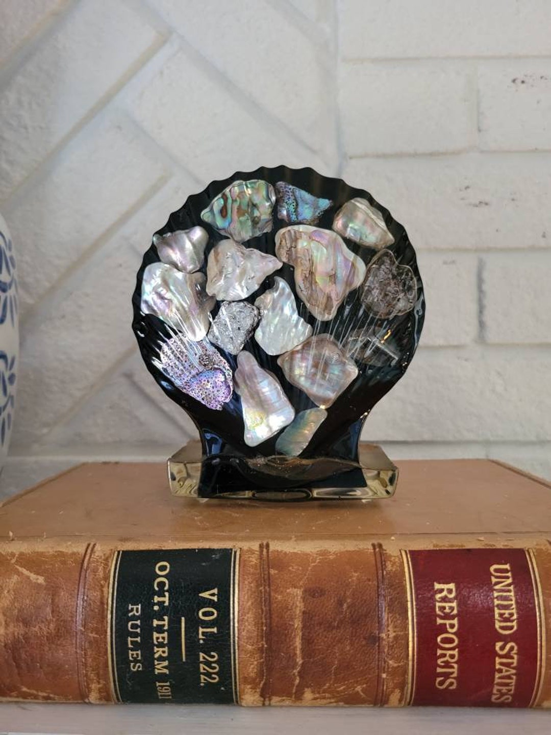 Vintage Lucite and Abalone Shell Seashell Napkin or Letter Holder New ...