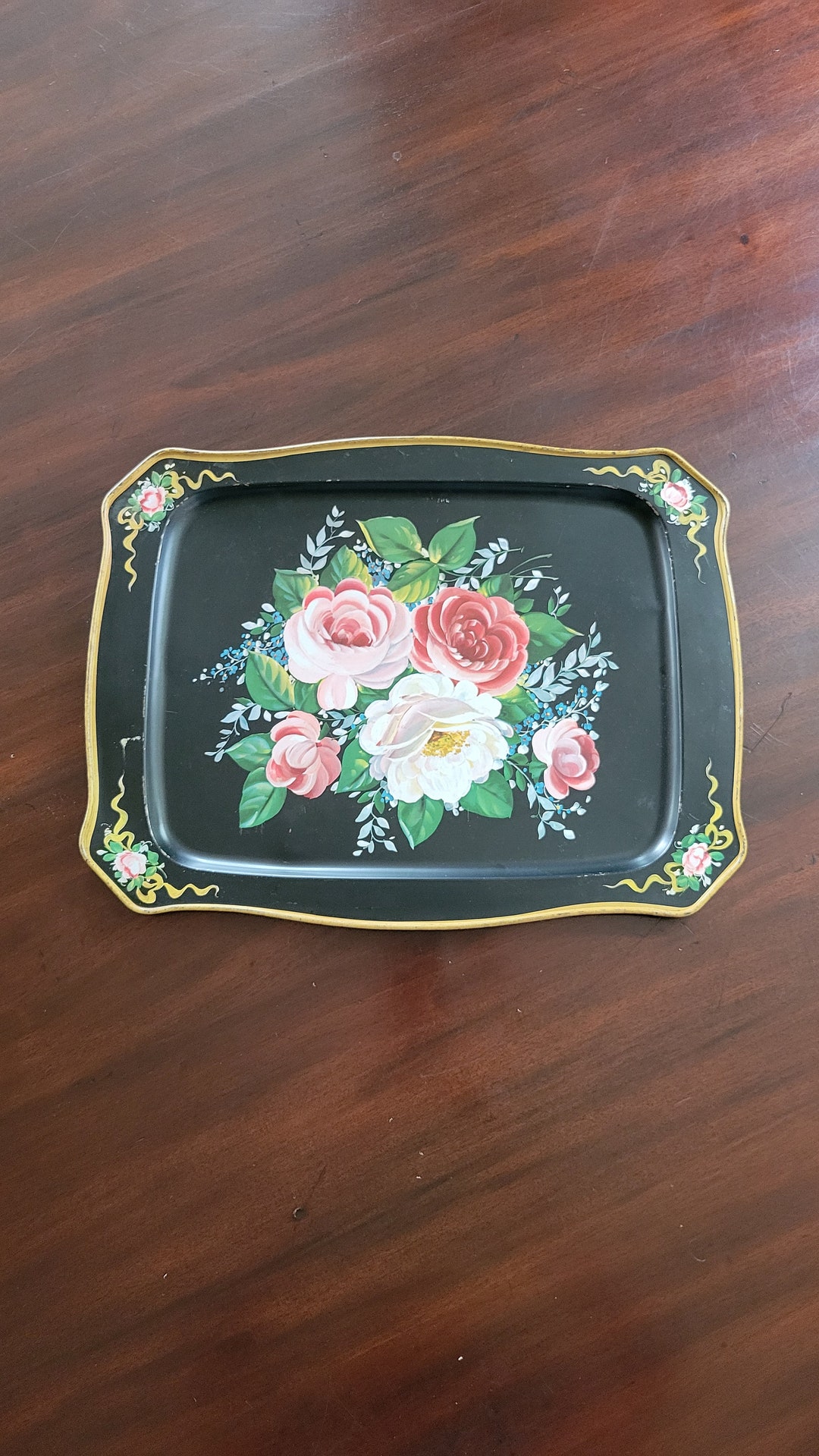 Vintage Tole Tray 1950s Black Metal Tray With Pink Flowers 1 - Etsy