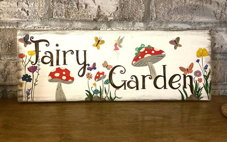 Hand Painted Wood Fairy Garden Sign, Whimsical Enchanted Outdoor Decor ...