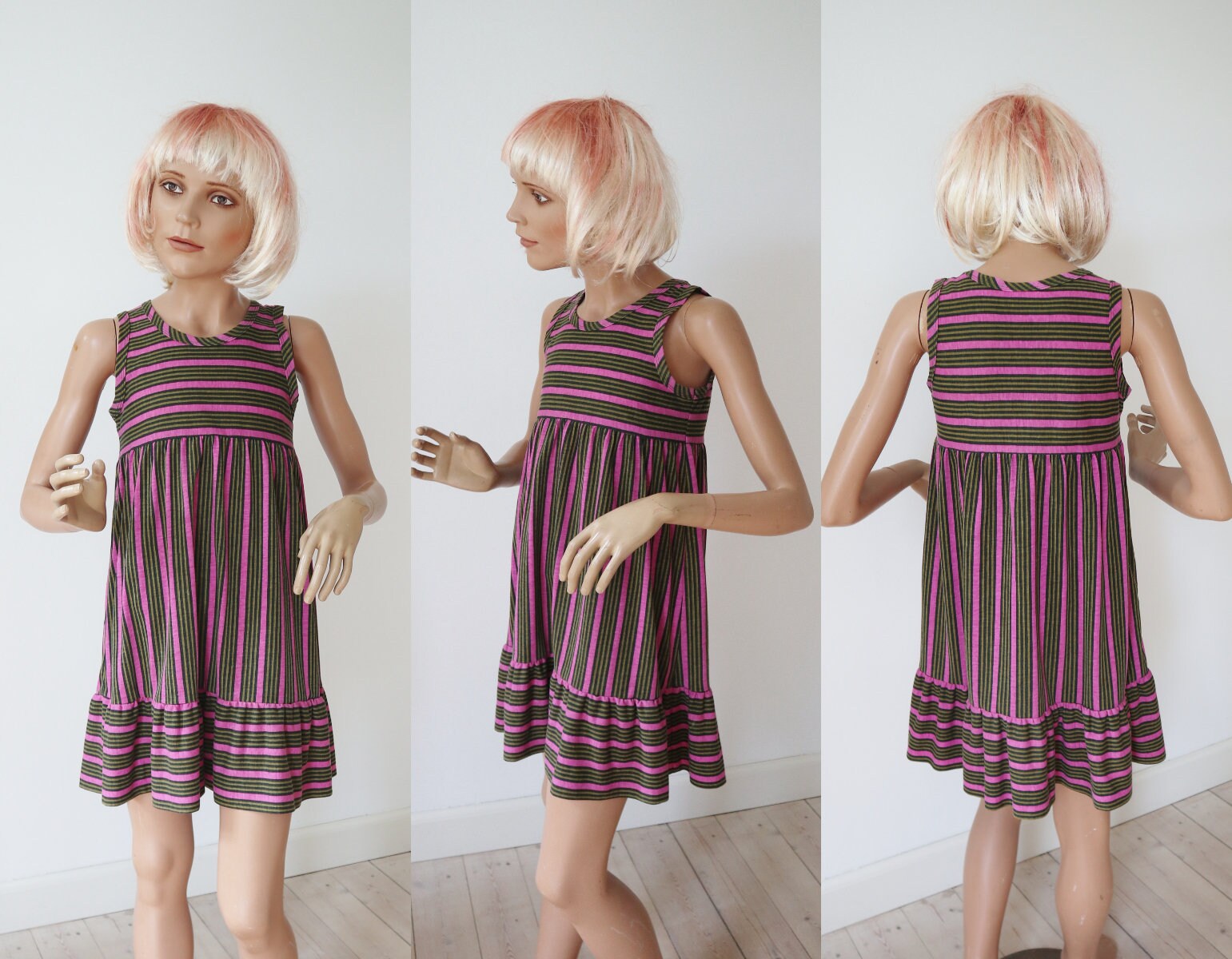 Girls 60s Dress / Pink Olive Green Black Stripes / Anna Modeller ...