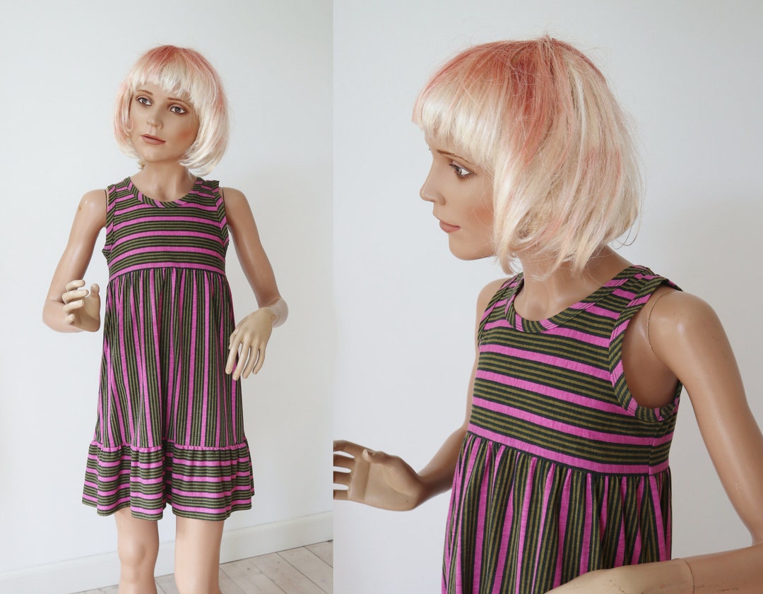 Girls 60s Dress / Pink Olive Green Black Stripes / Anna Modeller ...