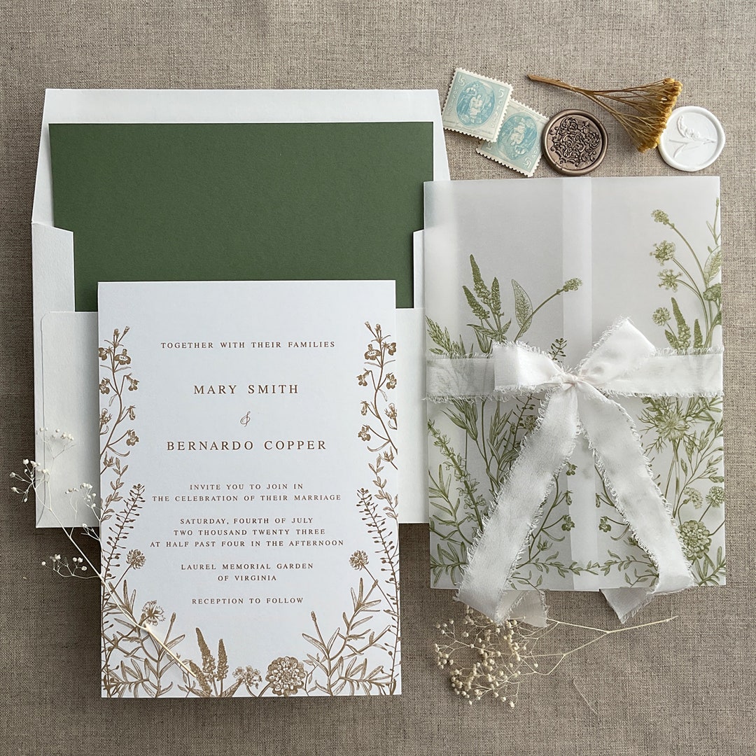Moss Green Gold English Summer Botanical Garden Vellum Wedding ...