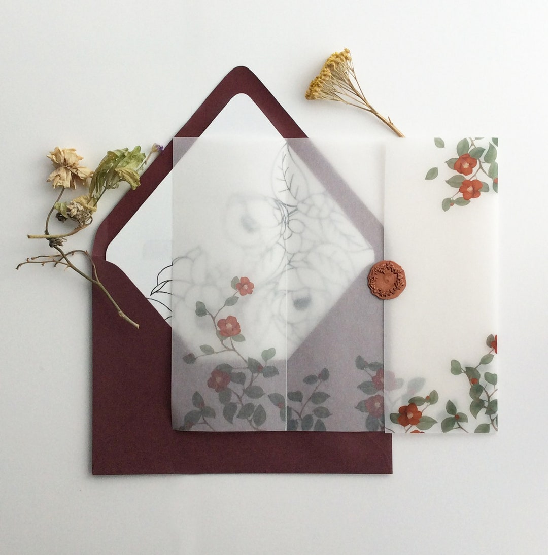 Red Camellia Vellum Wrap: Floral Print for 5x7 Card - Etsy