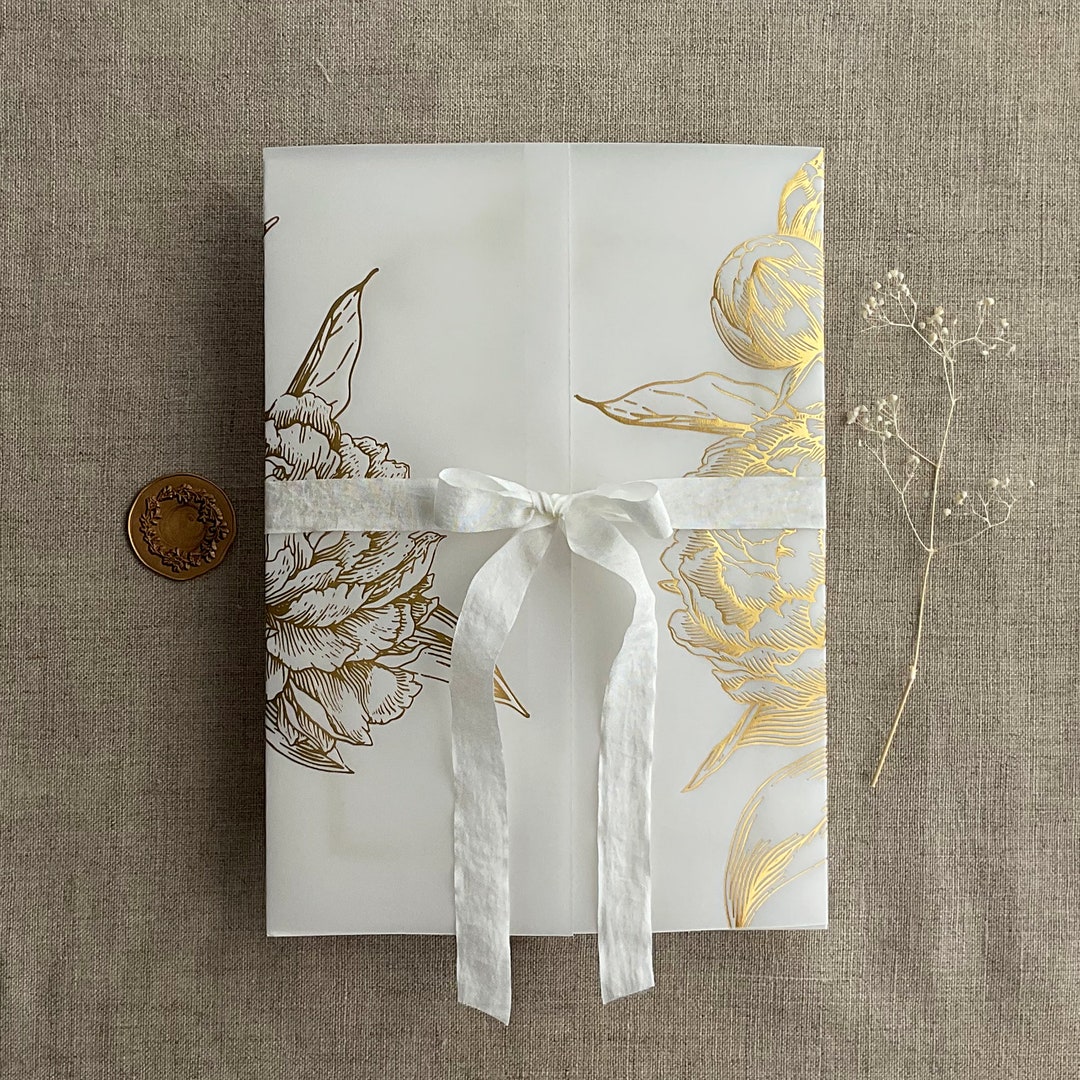 V16 Etched Peony Floral Gold Foil Stamping on White Translucent Vellum ...