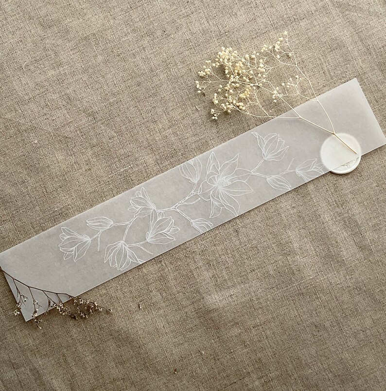 Magnolia Wedding Invitation Kit: White Ink Floral Vellum Belly Band - Etsy
