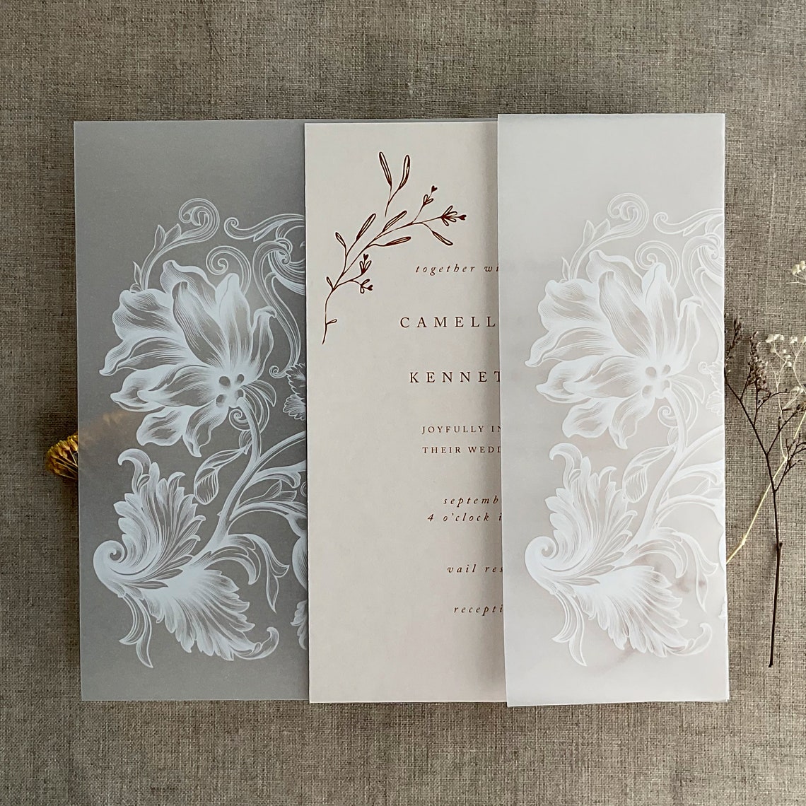 White Ink Floral Vellum Wrap: Claudia Design, 5x7 Invitation Jacket - Etsy