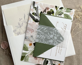 Wedding Invitation White Translucent Vellum Belly Band Leafy Branch ...