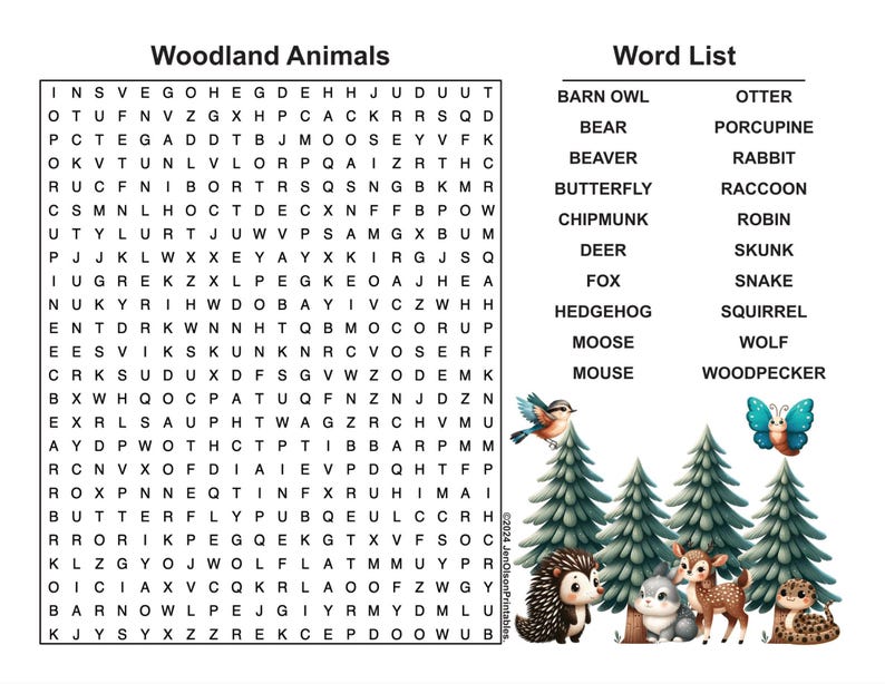Woodland Animals Word Search - Etsy