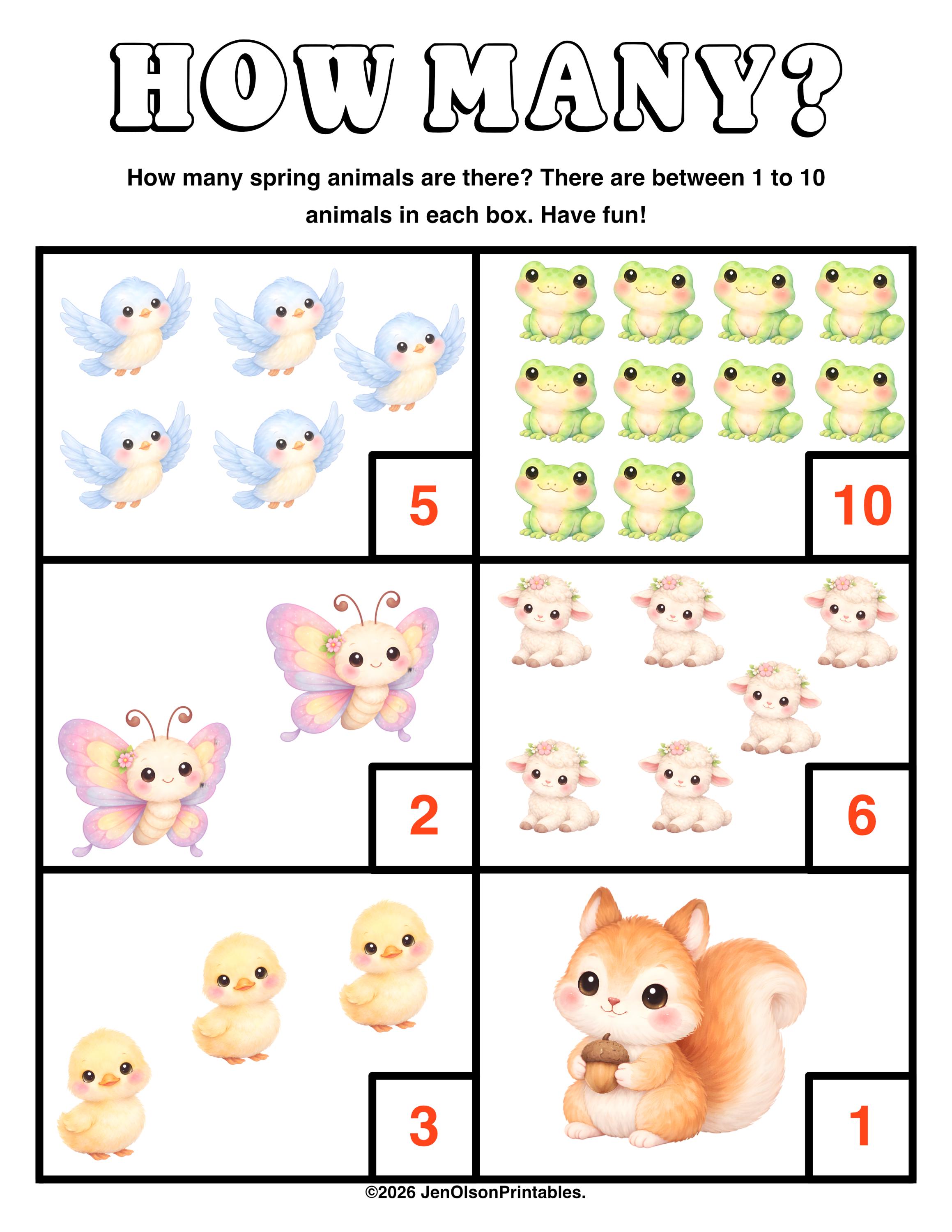Printable Counting 1-10 Worksheet - Spring Animals - Etsy