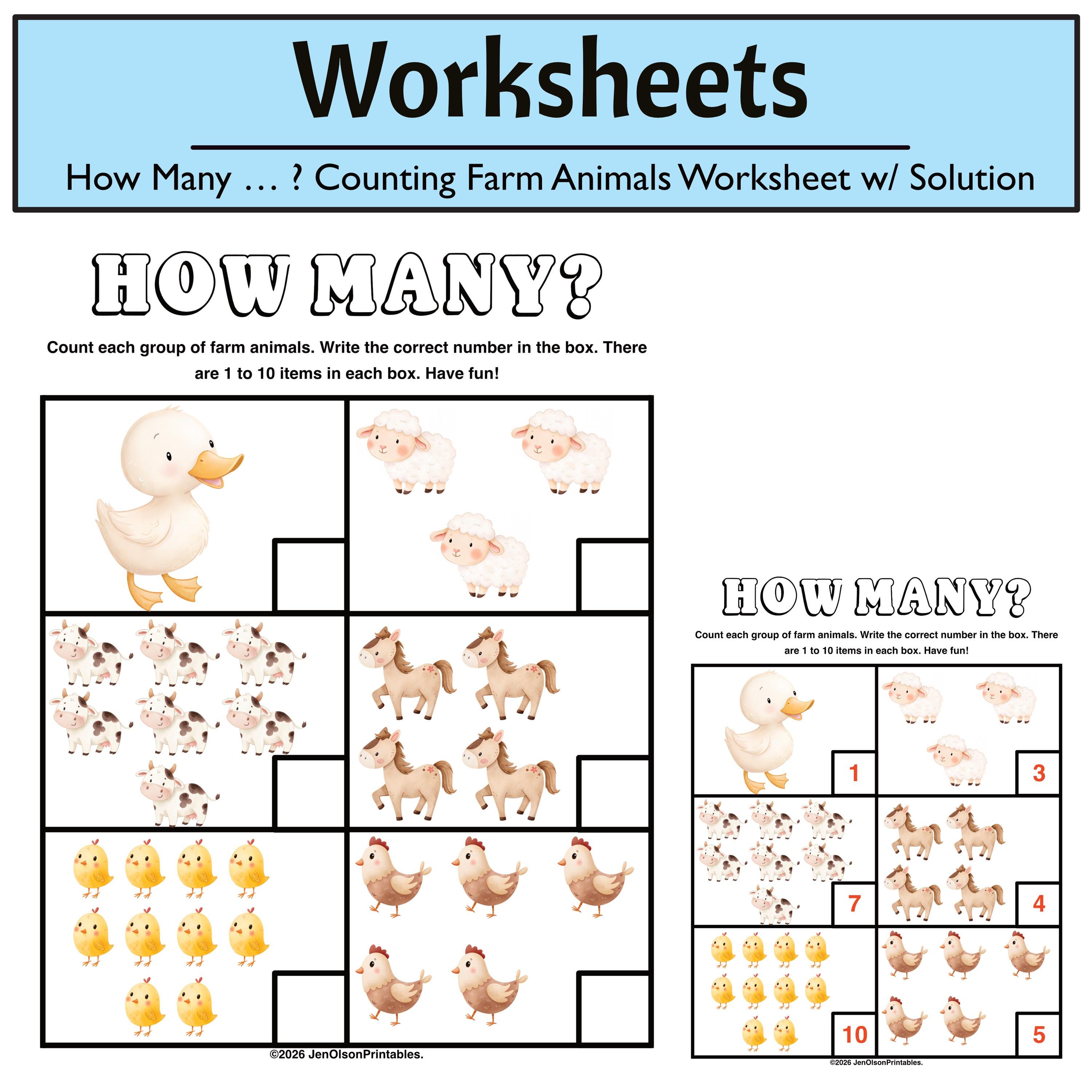Printable Counting 1-10 Worksheet - Farm Animals - Etsy