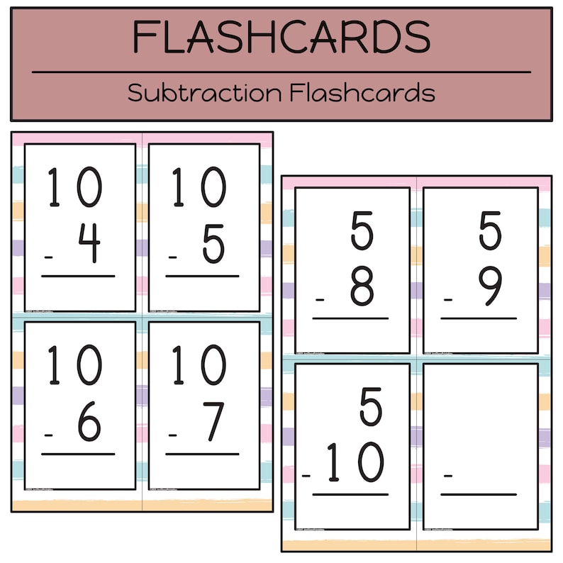 Pastel Subtraction Flashcards - Etsy