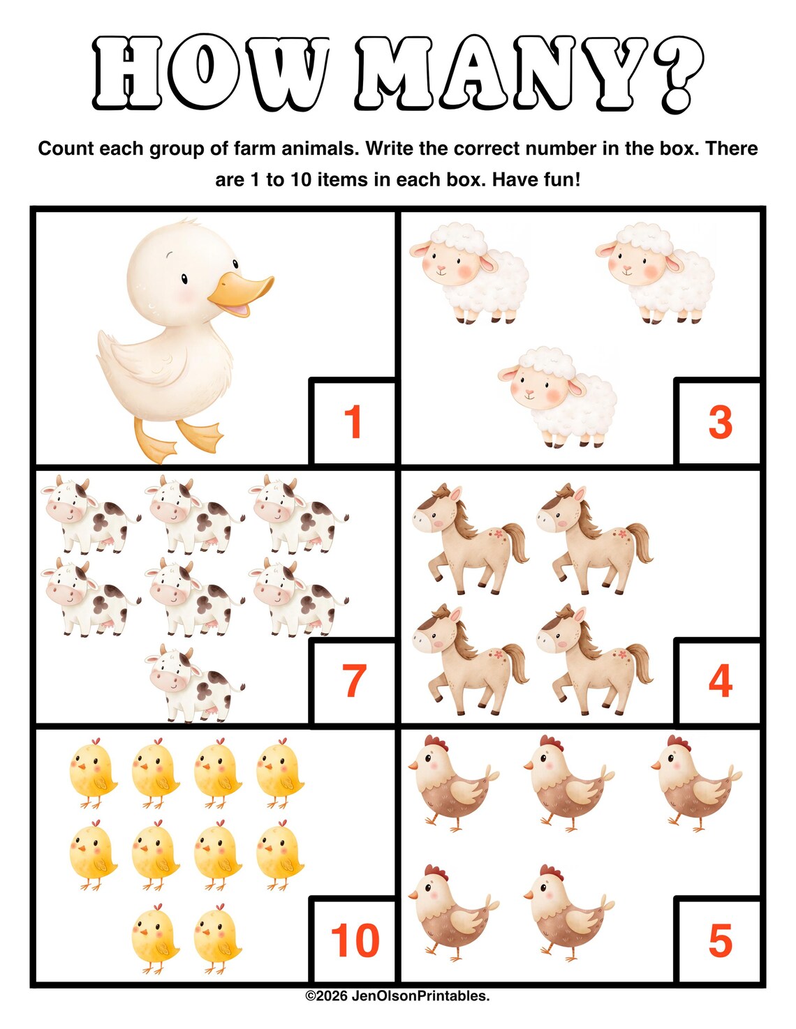 Printable Counting 1-10 Worksheet - Farm Animals - Etsy