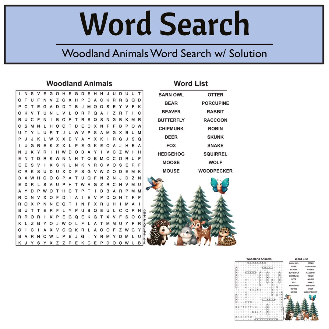 Woodland Animals Word Search - Etsy