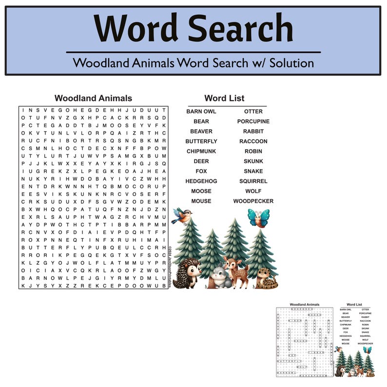 Woodland Animals Word Search - Etsy