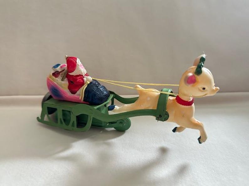 Vintage Wind up Celluloid and Tin Santa and Reindeer Sleigh - Etsy