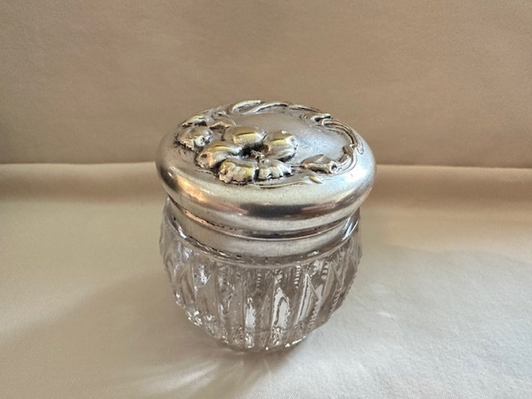 Vintage Embossed Floral Silver Top Pressed Glass Jar - Etsy