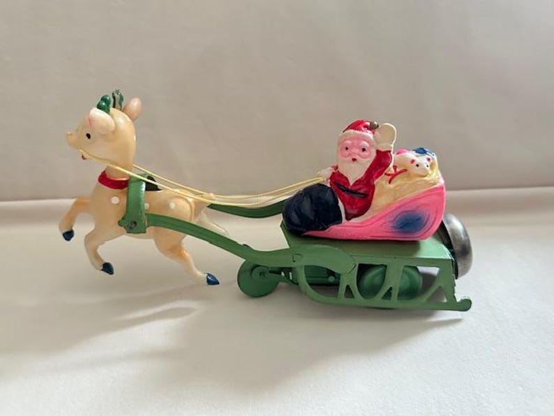 Vintage Wind up Celluloid and Tin Santa and Reindeer Sleigh - Etsy