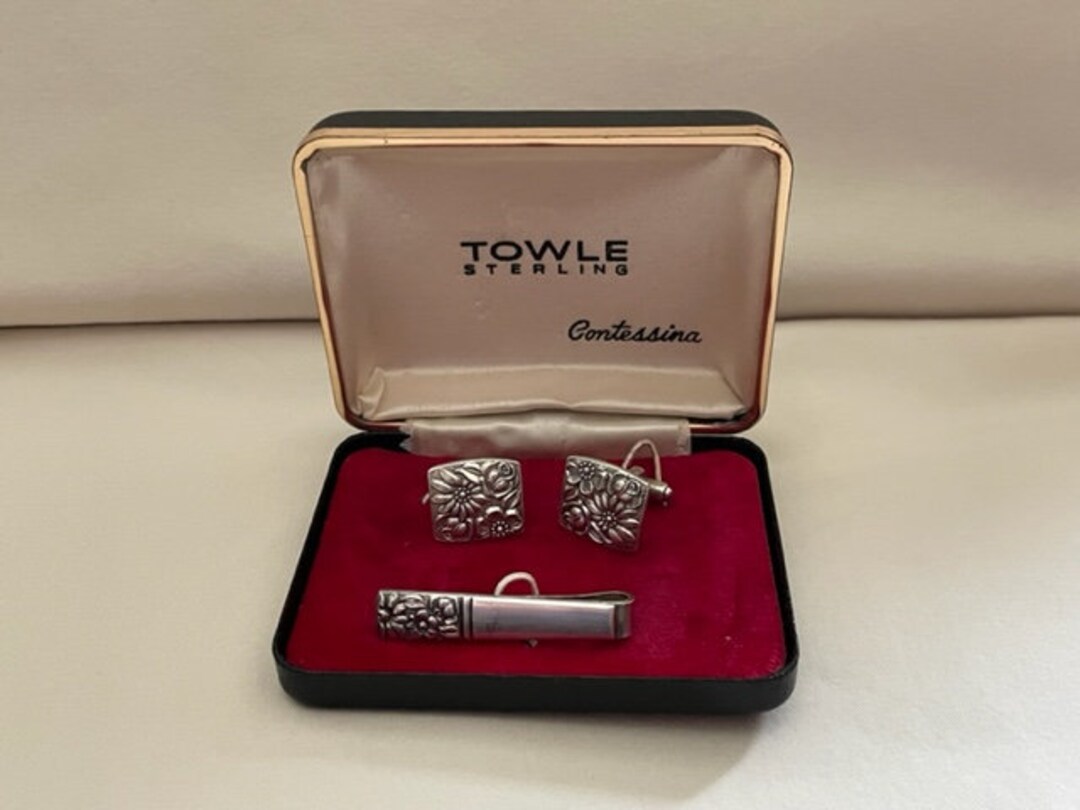 Vintage Sterling Silver Cufflink Tie Clasp Set - Etsy