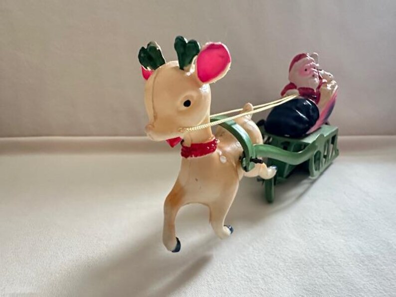Vintage Wind up Celluloid and Tin Santa and Reindeer Sleigh - Etsy