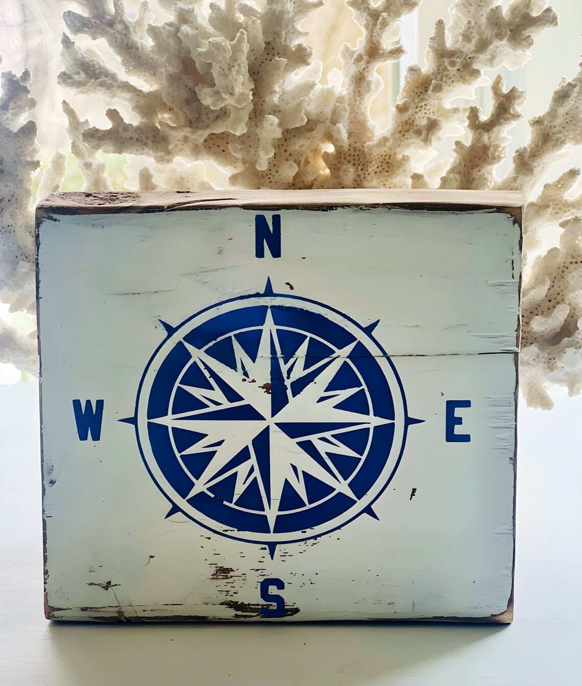 Nautical Decor, Compass Rose, Wood Block, Shelf Sitter, Coastal Decor ...